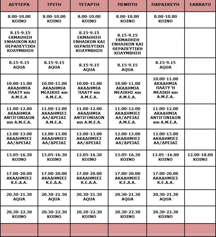 Πρόγραμμα λειτουργίας του Δημοτικού Κολυμβητηρίου Αλεξάνδρειας | Έμβολος